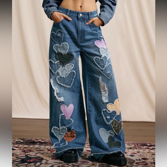 Jeans | Heart Patchwork Wideleg Jeans Distressed Blue Medium Wash ...